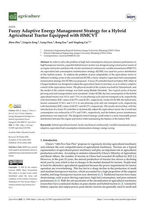 Pdf Fuzzy Adaptive Energy Management Strategy For A Hybrid Agricultural Tractor Equipped With