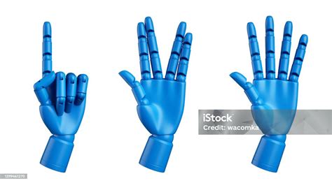 3d 렌더 블루 더미 마네킹 손 기계 로봇 보철 흰색 배경에 고립 된 다양한 제스처 세트 인공 인체 부품 클립 아트 컬렉션