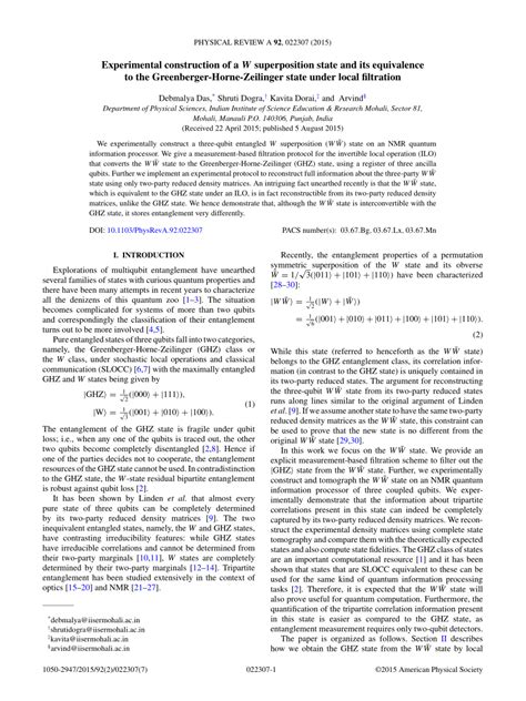Pdf Experimental Construction Of A W Superposition State And Its Equivalence To The Ghz State