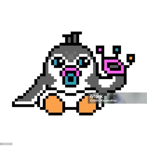 딸랑이와 젖꼭지를 가진 기저귀를 찬 작은 아기 펭귄 흰색 배경에 격리된 귀여운 픽셀 아트 캐릭터 올드 스쿨 레트로 80 년대 90 년대 8 비트 슬롯 머신 비디오 게임