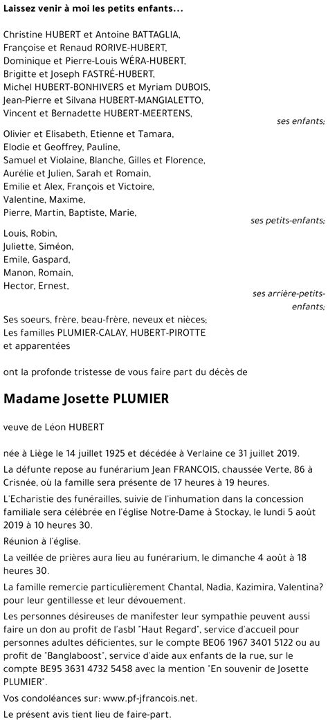 Avis De Décès De Josette Plumier Décédé Le 31072019 à Verlaine Annonce Condoléances Fleurs