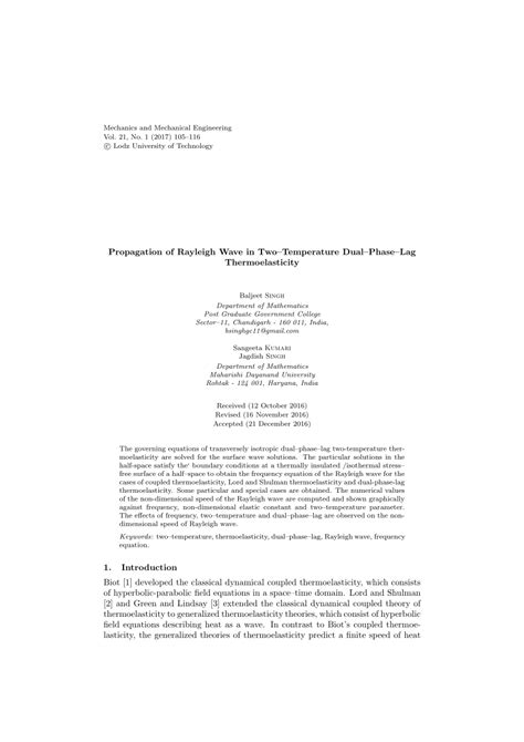 Pdf Propagation Of Rayleigh Wave In Two Temperature Dual Phase Lag Thermoelasticity