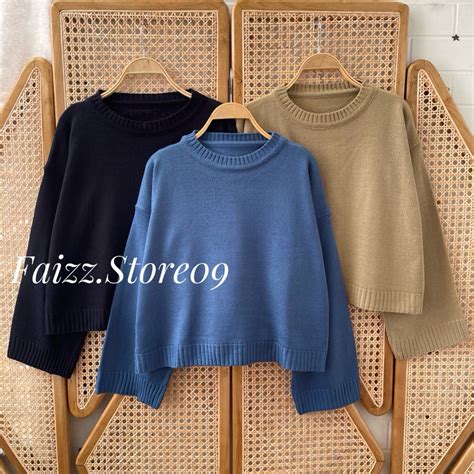 Jual Aurora Basic Crop Top Rajut Wanita Oversize Sweater Rajut Crop