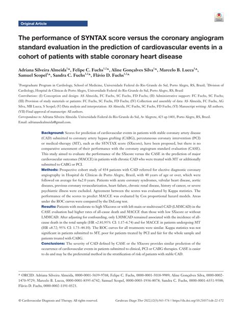 Pdf The Performance Of Syntax Score Versus The Coronary Angiogram