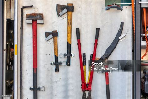 Essential Tools On Firefighter Truck Hammer Bolt Cutters Axes Saw Stock