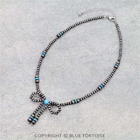 Navajo Style Pearl And Bead Bow Necklace Bluetortoisewholesale