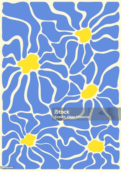 데이지 꽃이 있는 추상 포스터 복고풍 그루비 패턴 꽃 예술 트렌디한 순진한 복고풍 히피 60년대 70년대 스타일의 유기농 낙서