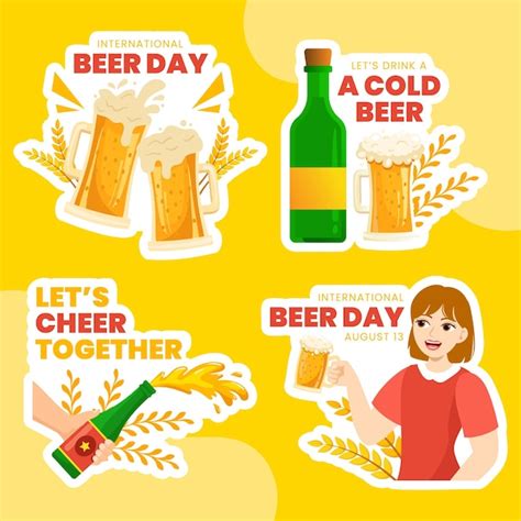 국제 맥주의 날 레이블 평면 만화 손으로 그린 템플릿 배경 그림 프리미엄 벡터