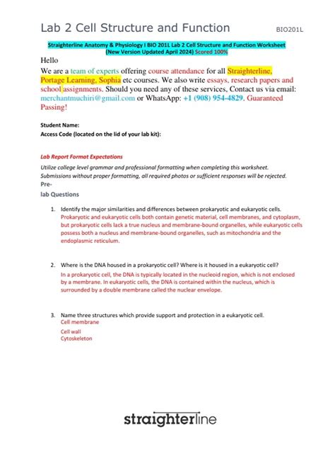 straighterline anatomy and physiology i bio 201l lab 2 cell structure and function worksheet new