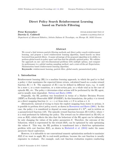 Pdf Direct Policy Search Reinforcement Learning Based On Particle Filtering