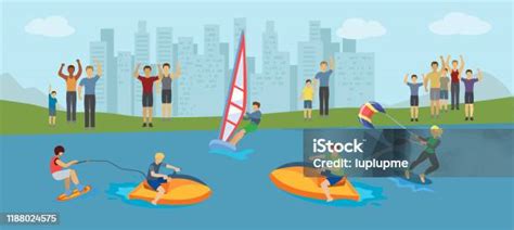 수상 스포츠 대회 벡터 그림입니다 극단적 인 수상 스포츠 윈드 서핑 카이트 서핑 웨이크 보드의 다른 종류 여자와 남자 운동 선수와 팬 교통수단에 대한 스톡 벡터 아트 및