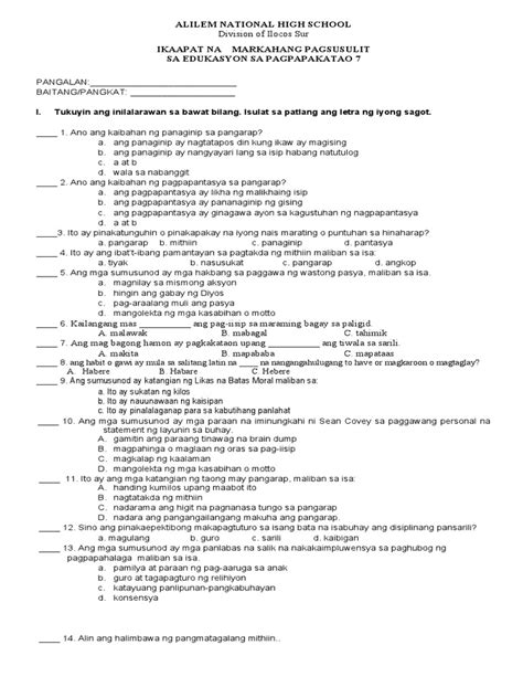 4th Quarter Exam 1 Pdf