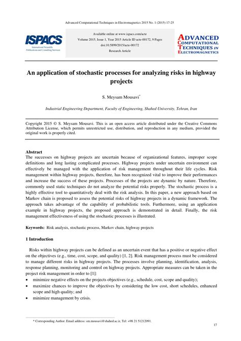 Pdf An Application Of Stochastic Processes For Analyzing Risks In Highway Projects
