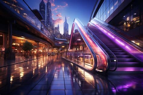 Dynamic Gateway Modern Buildings Escalator Descends Connecting To Bustling Underground Station