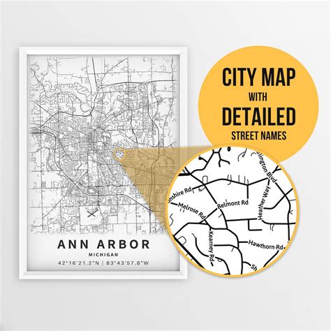 Printable Map Of Ann Arbor Michigan Usa With Street Names Instant