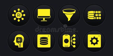 Set Humanoid Robot Binary Code Server Data Neural Network Funnel Filter Computer Monitor