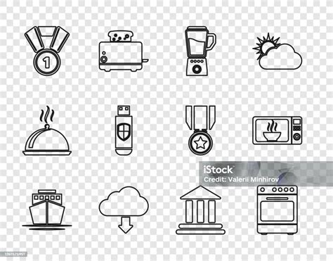 라인 선박 오븐 블렌더 클라우드 다운로드 메달 Usb 플래시 드라이브 및 방패 은행 건물 및 전자 레인지 아이콘을 설정합니다