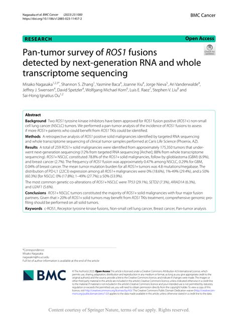 Pdf Pan Tumor Survey Of Ros1 Fusions Detected By Next Generation Rna And Whole Transcriptome