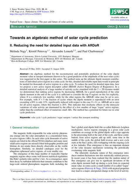 PDF Towards An Algebraic Method Of Solar Cycle Prediction II Reducing The Need For Detailed