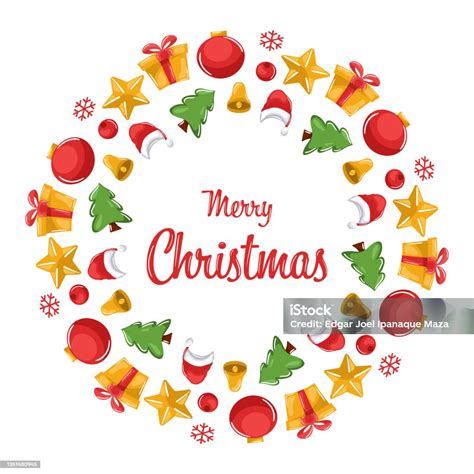 크리스마스 요소와 메리 크리스마스 문구 장식 원형 프레임 0명에 대한 스톡 벡터 아트 및 기타 이미지 0명 12월 개나리 Istock