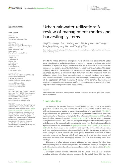 Pdf Urban Rainwater Utilization A Review Of Management Modes And Harvesting Systems