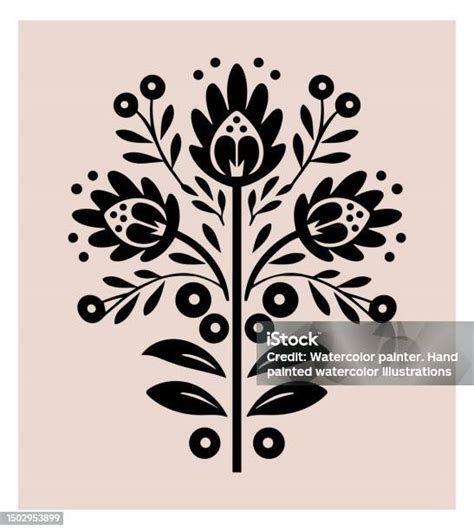 꽃과 나뭇잎이 있는 대칭 장식 스칸디나비아 민속 예술 포스터 꽃무늬 실루엣 구성 민족 식물 벡터 그림입니다 0명에 대한 스톡