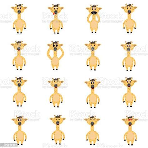 흰색 배경에 고립 된 평평한 스타일의 기린의 감정 세트 장식 및 디자인 어린이 책과 색칠 스티커 직물 등을위한 스톡 벡터 일러스트레이션 감정에 대한 스톡 벡터 아트 및 기타