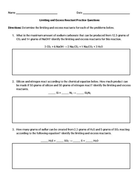 Limiting Excess Reactant Practice Questions Chem Studocu