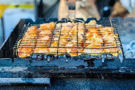 야외에서 금속 그릴에 시 케밥 요리 하는 과정입니다 Shashlik 바베 큐 그릴에 굽고 절인된 고기입니다 고기에 대한 스톡 사진 및 기타 이미지 Istock