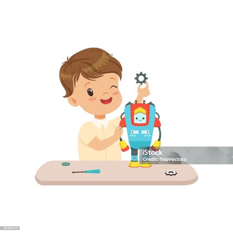 아이 로봇 건물 흰색 배경에 개념 벡터 일러스트 레이 션 프로젝트 로봇 및 아이 들 교육을 위한 프로그래밍 공학에 대한 스톡 벡터 아트 및 기타 이미지 Istock