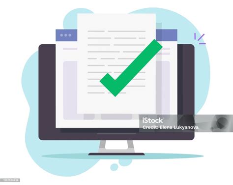 승인 된 문서 파일 확인 온라인 데스크톱 컴퓨터 또는 Pc 텍스트 쓰기 및 아이콘 평면 벡터 만들기의 Pc 품질 관리 디지털