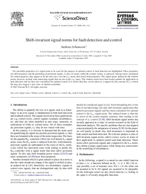 Pdf Shift Invariant Signal Norms For Fault Detection And Control