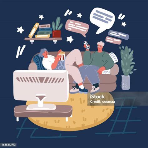 소파에서 Tv를 보며 휴식을 취하는 행복한 가족의 만화 벡터 삽화 편안한 소파에 앉아 홈 엔터테인먼트를 즐기는 국내 남편과 아내 등에 대한 스톡 벡터 아트 및 기타 이미지