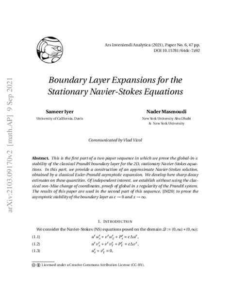 Pdf Boundary Layer Expansions For The Stationary Navier Stokes Equations