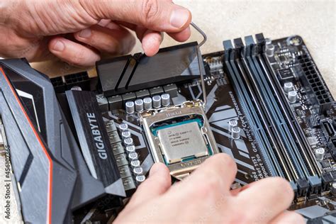 Installing The Intel I7 9700k Central Processor On The Gigabyte Motherboard The Cpu Is