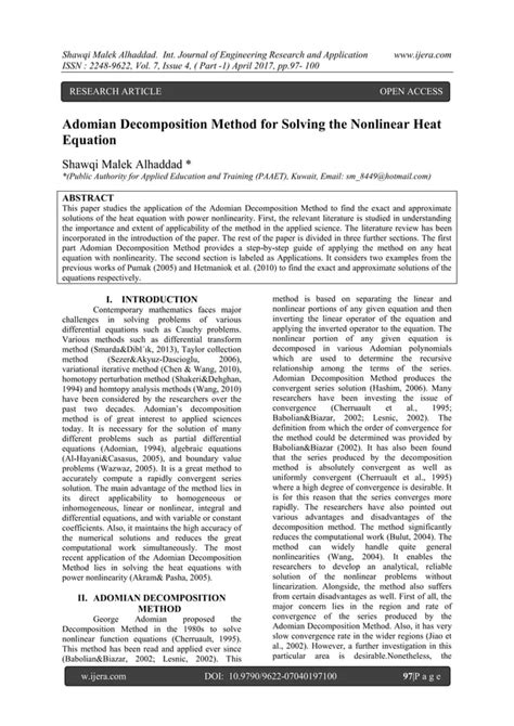 Adomian Decomposition Method For Solving The Nonlinear Heat Equation Pdf