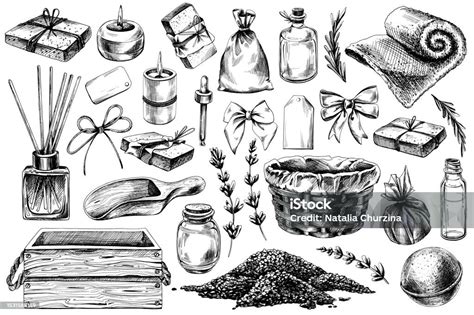 욕실과 스파 비누 바다 소금 장식품 아로마 양초 수건 라벤더 꽃 세트 그림은 손으로 그린 그래픽입니다 Eps 벡터 흰색 배경에 격리된 개체입니다 아로마오일 램프에 대한 스톡