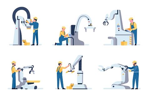 로봇 전문가가 수리합니다 컨베이어 벨트 장비 유지 보수 조립 기계를 고치는 노동자 자동화된 제조 산업 생산 수리공 유니폼 세트에