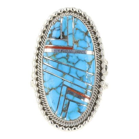 Lot Daniel Benally Navajo Turquoise And Coral Contemporary Inlay Ring