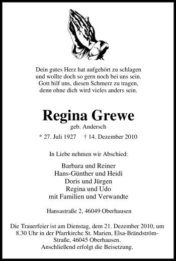 Traueranzeigen Von Regina Grewe Trauer In Nrw De