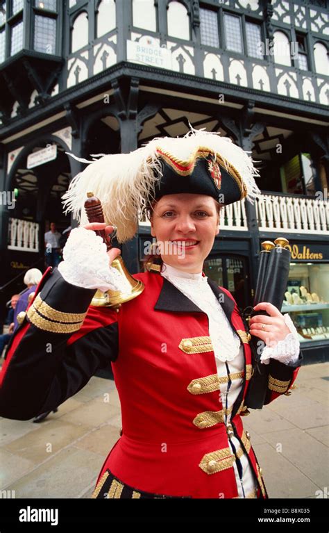 Female Town Crier Ringing A Bell Chester Cheshire England Stock