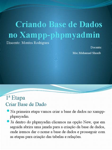 Criando Base De Dados No Xampp Phpmyadmin Pdf Sql Tabela Banco De Dados