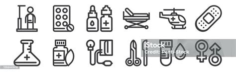 선형 의료 도구 아이콘 12세트 성별 수술 허브 헬리콥터 점안액 웹 모바일 항생제와 같은 얇은 윤곽 선명 한 아이콘 건강관리와 의술에 대한 스톡 벡터 아트 및 기타 이미지