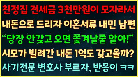 반전신청사연 친정 전세금 3천만원이 모자라 내돈으로 드리자 이혼서류 내민 남편 안갖고 오면 쫓겨날줄 알아 시모가 빌려간 내1억도 갖고올까 사기전문 변호사 부르자