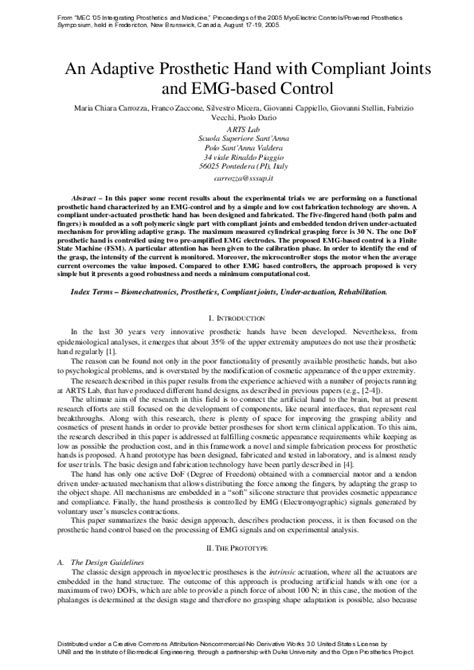 Pdf An Adaptive Prosthetic Hand With Compliant Joints And Emg Based Control