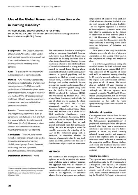 Pdf Use Of The Global Assessment Of Function Scale In Learning Disability
