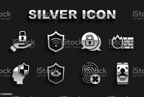 Set Shield And Eye Firewall Security Wall Mobile Face Recognition Cancelled Fingerprint Head