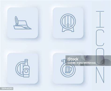 세트 라인 옥토버페스트 모자 랙의 나무 배럴 맥주 병 맥주가 있는 나무와 거리 간판 흰색 정사각형 버튼 벡터 0명에 대한 스톡 벡터 아트 및 기타 이미지 Istock