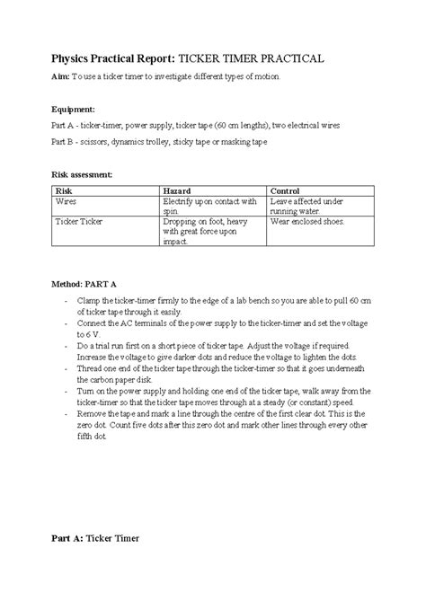 Ticker Timer Practical Report Physics Experiment Analysis Studocu