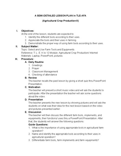 Example Of Semi Detailed Lesson Plan In Tle Agriculture Printable Education Templates